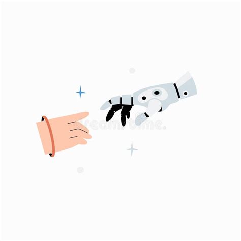 Human Hand Reaching Robotic Hand In Flat Vector Illustration Symbolizing Human And Robot