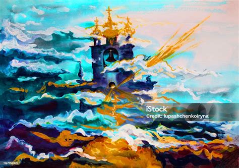 패셔너블한 일러스트레이션 은 현대 미술 인상주의 종이 초현실적 인 수평 풍경 상승 태양과 구름에 수채화 내 원래 그림은 구름의 형태로 돔과 하늘의 환상적인 사원을 가로 질러