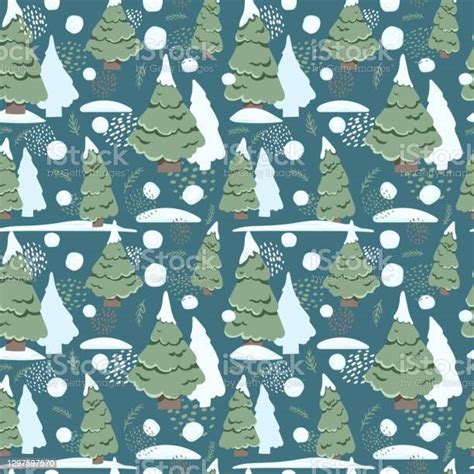 파란색 배경에 눈 속에서 전나무 나무가 있는 벡터 패턴입니다 어린이 책 엽서 직물 직물 옷 등의 장식을위한 귀여운 그림 0명에 대한 스톡 벡터 아트 및 기타 이미지 Istock