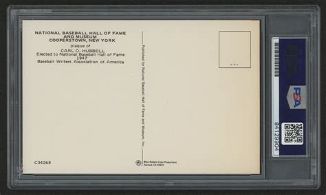 Carl Hubbell Signed Gold Hall Of Fame Plaque Postcard Psa Encapsulated