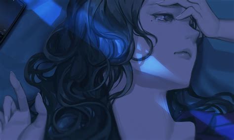 Safebooru 1girl Bed Sheet Black Eyes Black Hair Blue Theme Closed