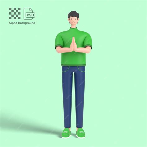 Premium Psd 3d Male Character Greeting With Hands Together Saying