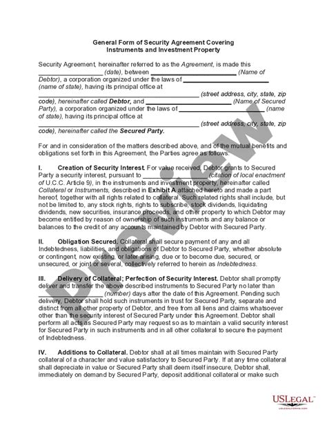 General Form Of Security Agreement Covering Instruments And Investment