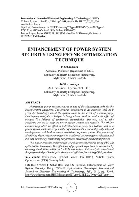 Enhancement Of Power System Security Using Pso Nr Optimization Technique Pdf