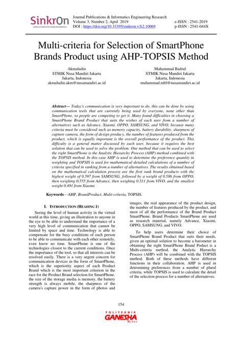 Pdf Multi Criteria For Selection Of Smartphone Brands Product Using