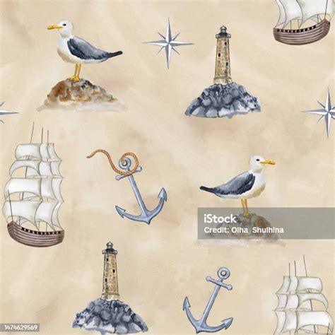 오래 된 등대와 빈티지 범선 끝없는 수채화 패턴 베이지색과 회색의 부드러운 색상의 벽지와 패브릭에 대한 끝없는 배경 소년을위한 여행 디자인 0명에 대한 스톡 벡터 아트 및
