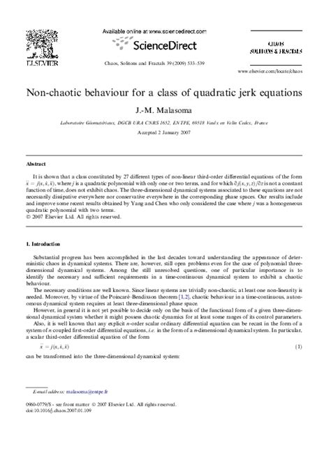 Pdf Non Chaotic Behaviour For A Class Of Quadratic Jerk Equations