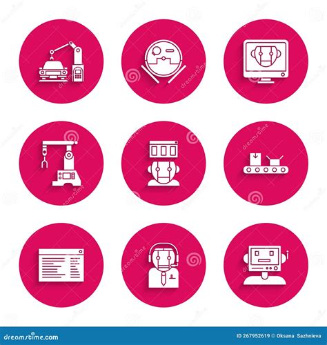 Set Robot Worker Robot Conveyor Belt With Cardboard Box Software Web Developer Programming