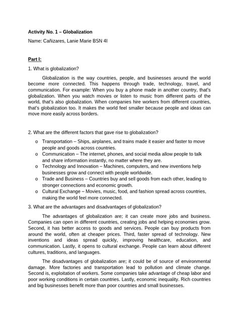 Activity No 1 Globalization Pdf Globalization Nursing