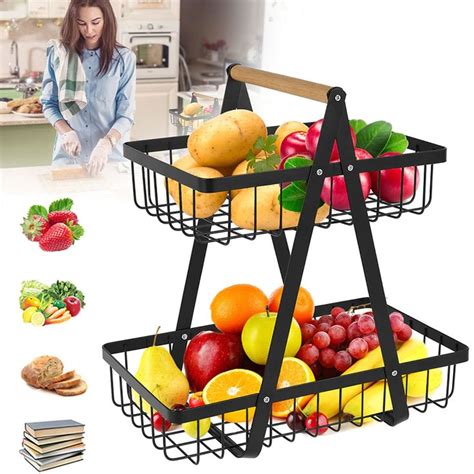 Кухонная полка для хранения портативная металлическая корзина для фруктов 2 ярусная полка для