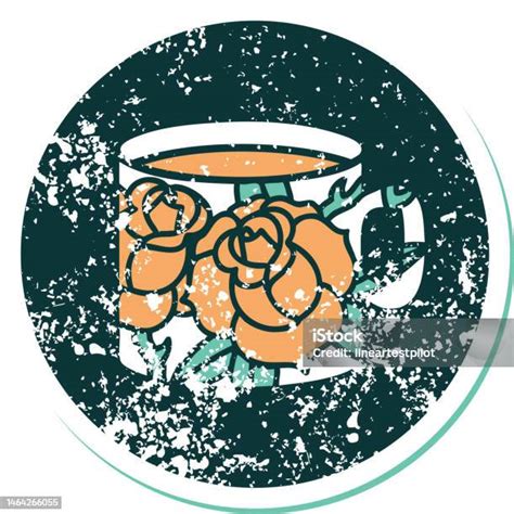 컵과 꽃의 상징적 인 고민 스티커 문신 스타일 이미지 0명에 대한 스톡 벡터 아트 및 기타 이미지 0명 그런지 이미지 기법 꽃 식물 Istock