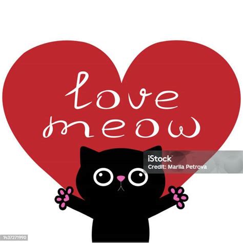 귀여운 만화 검은 고양이 하트와 손으로 그린 텍스트 사랑 야옹 검은색에 대한 스톡 벡터 아트 및 기타 이미지 검은색 고양이 울음소리 귀여운 Istock