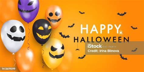 얼굴이있는 3d 풍선이있는 템플릿 배너 즐거운 할로윈 보내세요 10월에 대한 스톡 벡터 아트 및 기타 이미지 10월 3차원