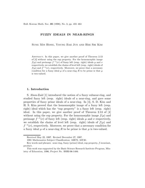 Pdf Fuzzy Ideals In Near Rings