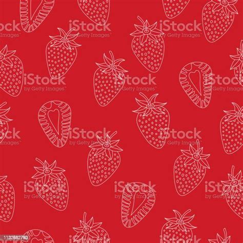 딸기 과일 개요 완벽 한 패턴 배경입니다 빨간색 배경에 흰색입니다 벡터 일러스트 레이 션 직물 인쇄 표면 디자인 또는 포장 건강한 식생활에 대한 스톡 벡터 아트 및 기타