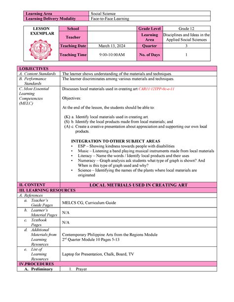 Detailed Lesson Plan Local Materials Used In Creating Art Learning