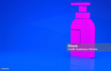분홍색 손 소독제 병 아이콘 파란색 배경에 격리 소독 개념 세탁 젤 위생을위한 알코올 병 미니멀리즘 개념 3d 일러스트레이션 3d 렌더링 3차원 형태에 대한 스톡 사진 및