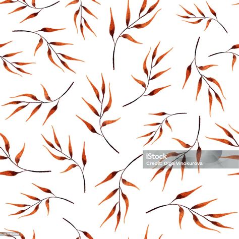 수채화 가을 원활한 패턴의 오렌지와 갈색 잎 가을 시즌 꽃 패션 컬렉션입니다 흰색 배경에 격리 디자인 벽지 직물 표지 초대장을 위한 손으로 그린 그림 10월에 대한 스톡