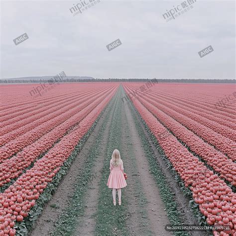 Ai创作图妖娆诡异花田 花田红裙女孩 郁金香王国 花海中的女子 花海里的女孩 赏花红衣姑娘背影 郁金香的海洋 花海女人背影 花海中的女人 荷兰