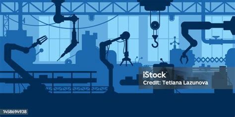 공장 인테리어 실루엣 자동차 제조 공정 로봇 팔 컨베이어 조립 라인이 있는 산업 기계 작업장 벡터 풍경 배경 공장 산업 건물에 대한 스톡 벡터 아트 및 기타 이미지 Istock