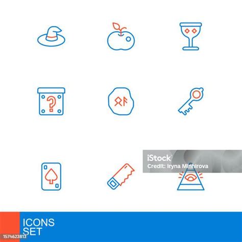 세트 라인 모든 것을 보는 신의 눈 손 톱 카드 놀이 오래된 마법 열쇠 미스터리 상자 마법 룬 중세 잔 및 독 사과 아이콘 벡터 Freemasons에 대한 스톡 벡터 아트