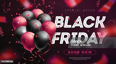 어두운 배경에 떨어지는 색종이와 파티 풍선이 있는 블랙 프라이데이 세일 그림 벡터 새해와 크리스마스 디자인 템플릿으로 인사말