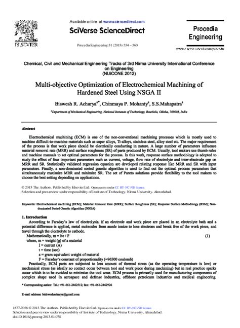 Pdf Multi Objective Optimization Of Electrochemical Machining Of Hardened Steel Using Nsgaii