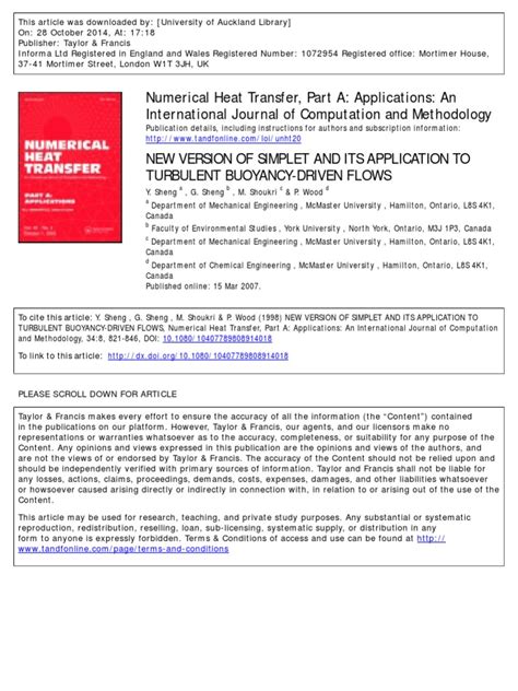 Numerical Heat Transfer Part A Applications An International Journal Of Computation And