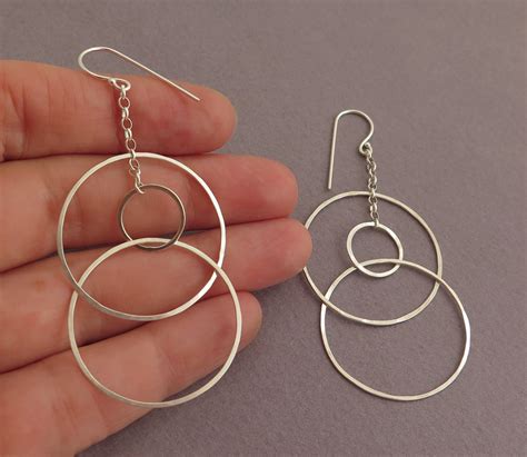 Silver Dangle Earrings Long Dangle Earrings Sterling Silver Circle