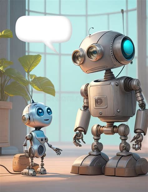 Illustration Of Artificial Intelligence Small Cute Robots With Speech Ballon Training Skills