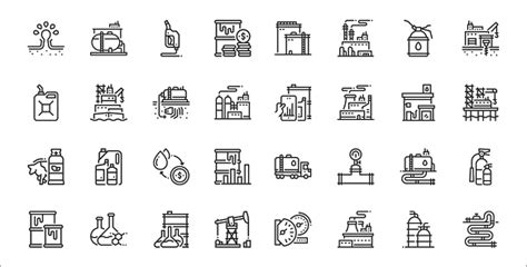 파이프라인 발전소 펌프잭 오일 오일 교환 석유 무역 바지선 과 같은 32개의 석유 얇은 윤곽 선명 아이콘 세트 아이콘에 대한 스톡 벡터 아트 및 기타 이미지 Istock