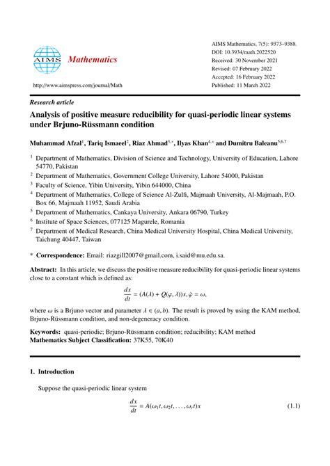 Pdf Analysis Of Positive Measure Reducibility For Quasi Periodic Linear Systems Under Brjuno