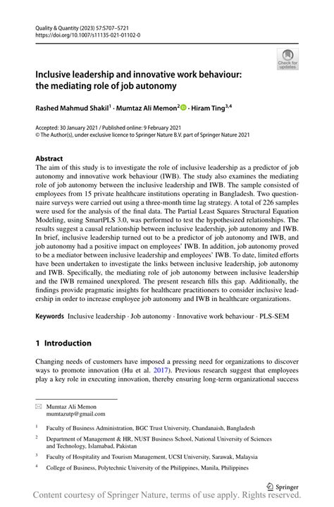 Inclusive Leadership And Innovative Work Behaviour The Mediating Role Of Job Autonomy Request Pdf