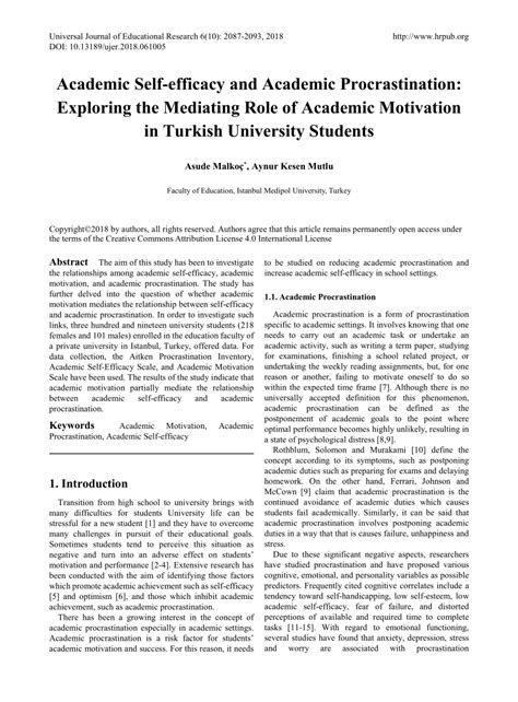 Pdf Academic Self Efficacy And Academic Procrastination Exploring The Mediating Role Of