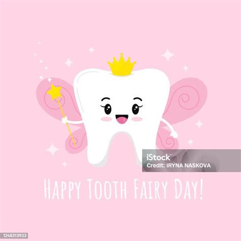 스타 날개 골드 크라운과 분홍색 배경에 고립 된 반짝반짝 마법 지팡이귀여운 치아 요정 이빨 요정 허구 캐릭터에 대한 스톡 벡터