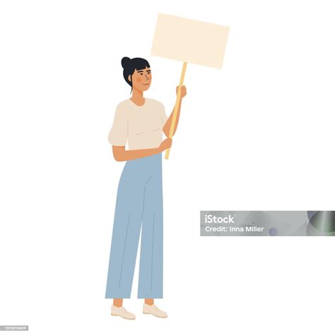 흰색 배경에 고립 된 빈 플래카드를 들고 현대 아시아 소녀 유행 젊은 여성은 텍스트장소와 빈 시트를 들고 폭력에 항의합니다 페미니즘 플랫 만화 스타일의 벡터 나름에 대한