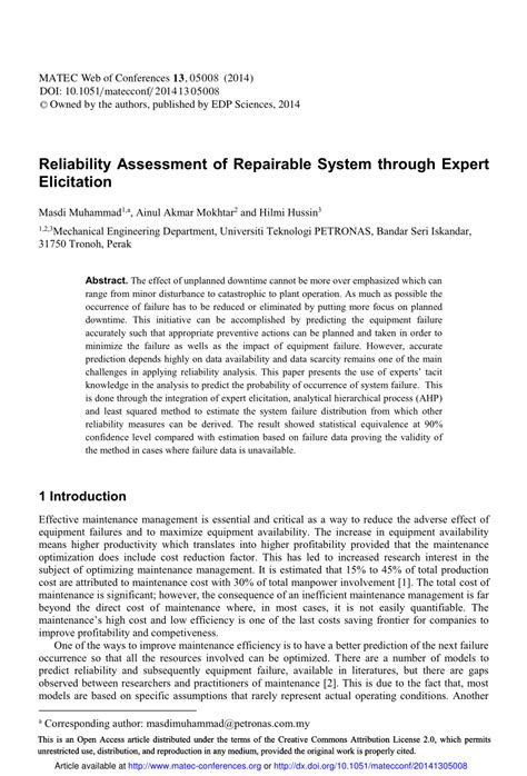 Pdf Reliability Assessment Of Repairable System Through Expert Elicitation