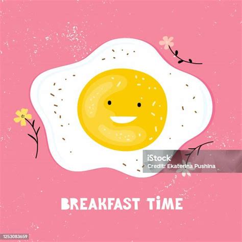 만화 캐릭터 재미 계란 필기 문구 아침 식사 시간 어린이를위한 포스터 분홍색 배경에 친숙한 달걀 어린이를위한 건강한 아침 식사