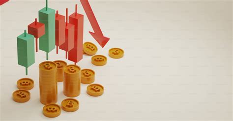 빨간색 촛대가 아래쪽으로 화살표 및 비트 코인 동전 가격 하락 암호 화폐의 시장 투자 하락 추세 투자 위험 3d 렌더링 그림입니다 사진 Unsplash의 동전 이미지