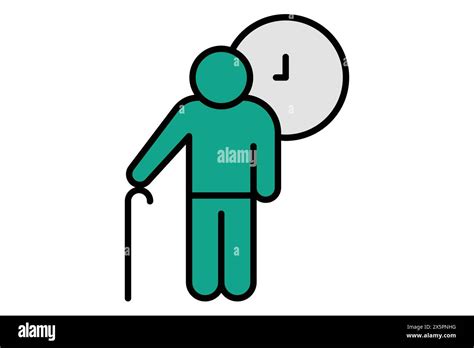Lifetime Icon People With Clock Icon Related To Elderly Flat Line Icon Style Old Age Element