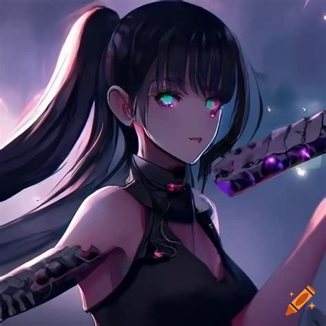 Epic Anime Girl Black Hair Ponytail Army With Balisong Knife Glowing