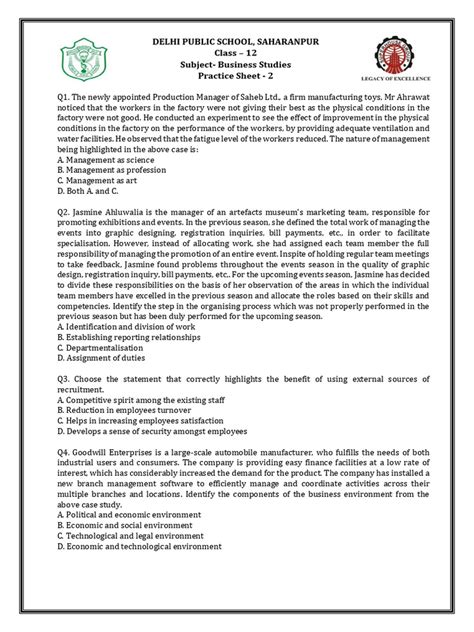 Class 12 Bst Practice Sheet 2 Pdf Performance Appraisal Fast Food