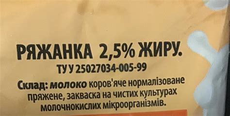Ряженка 2.5% Титан - калорийность, пищевая ценность ⋙ ...