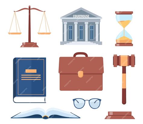 Premium Vector | Symbols of justice Law book judicial gavel weights of justice courthouse briefcase