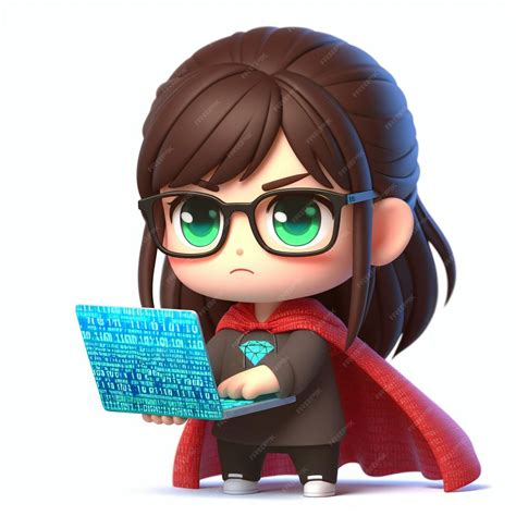Premium Photo Cute 3d Style Chibi Programmer With A Determined Expression Wearing A Superhero