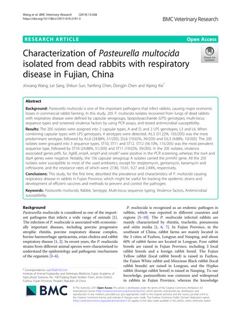 Pdf Characterization Of Pasteurella Multocida Isolated From Dead Rabbits With Respiratory