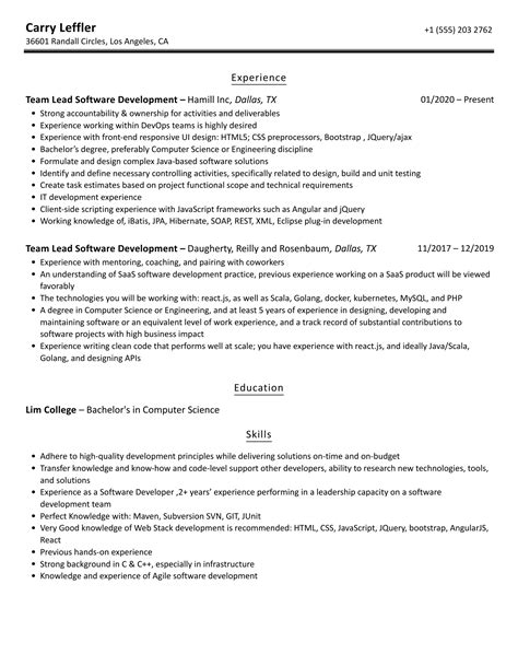 team lead software development resume samples velvet jobs