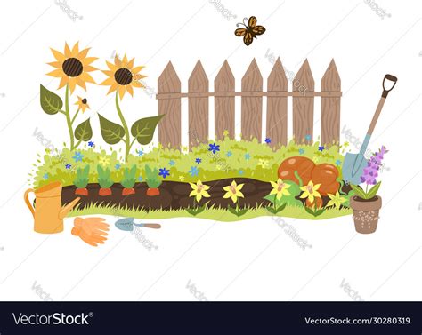 Summer Garden With A Fence Sunflowers And Garden Vector Image