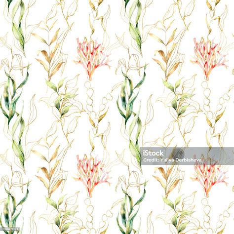 라미나리아 잎과 산호와 수채화 원활한 패턴 흰색 배경에 고립 된 조류와 열대 말미잘과 손으로 수중 꽃 그림을 그린 디자인 직물 배경 가리기에 대한 스톡 벡터 아트 및 기타