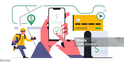 집에 온라인 음식 배달 서비스 전화 응용 프로그램을 통해 가정에 음식 배달을 주문에 대한 성공적인 온라인 지불 결제 수표 은행 카드 경로 택배 벡터 일러스트레이션 가방에